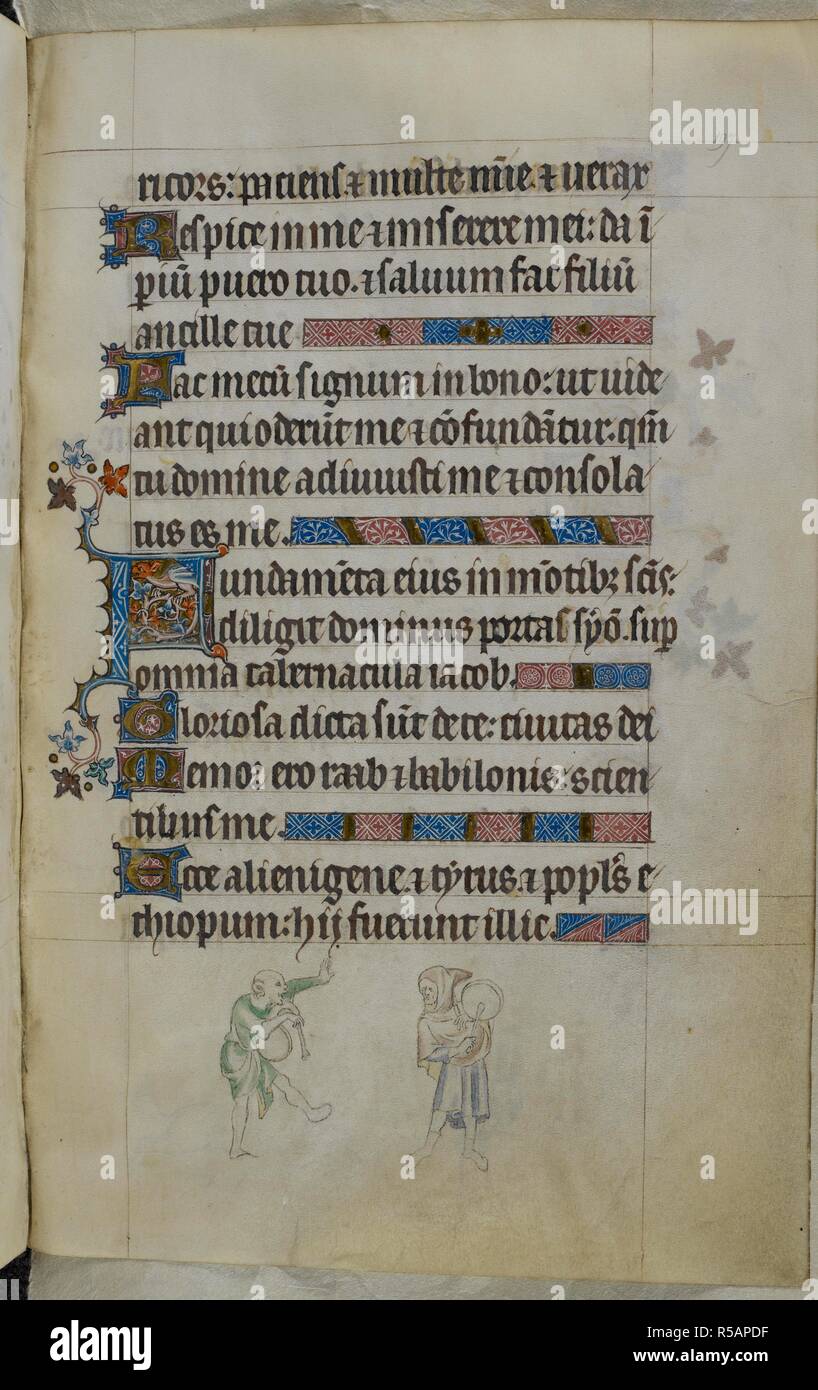 Bas-de-page scene of two men, one with bagpipes, dancing, and the other ...