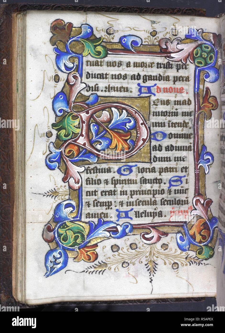 Decorated initial 'D'(eus) and bar border with acanthus leaves at the ...