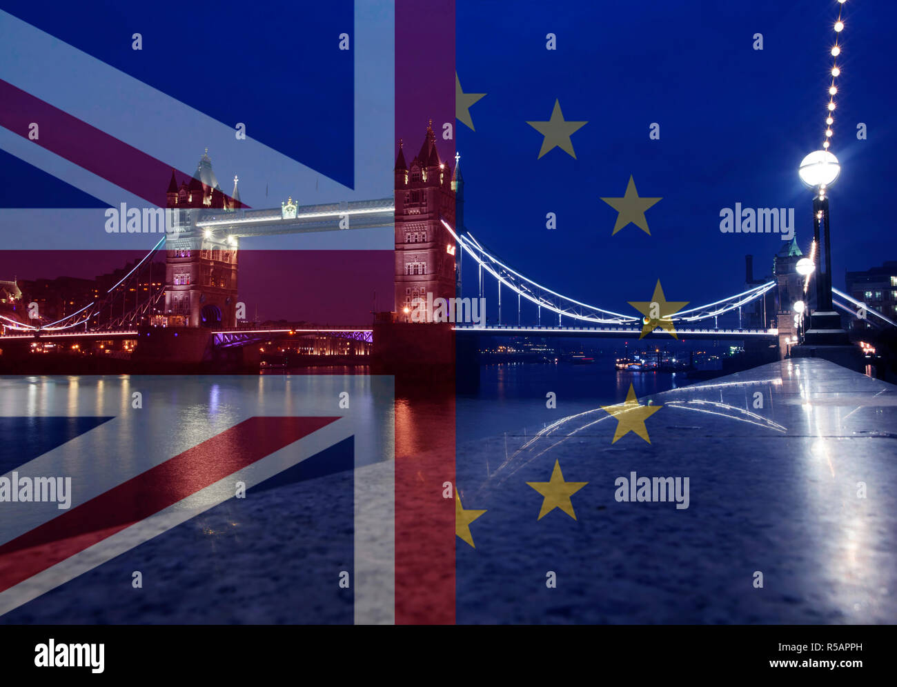 UK flag, EU flag and Tower Bridge Stock Photo - Alamy