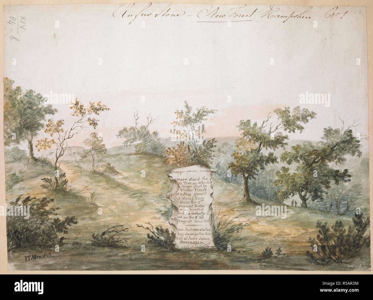 Drawing of the Rufus Stone in the New Forest; trees throughout the ...