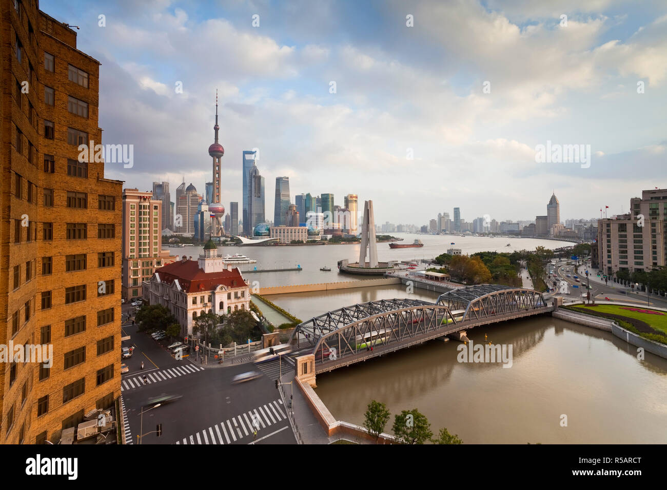 New Pudong skyline; Waibaidu (Garden) Bridge; looking across the ...