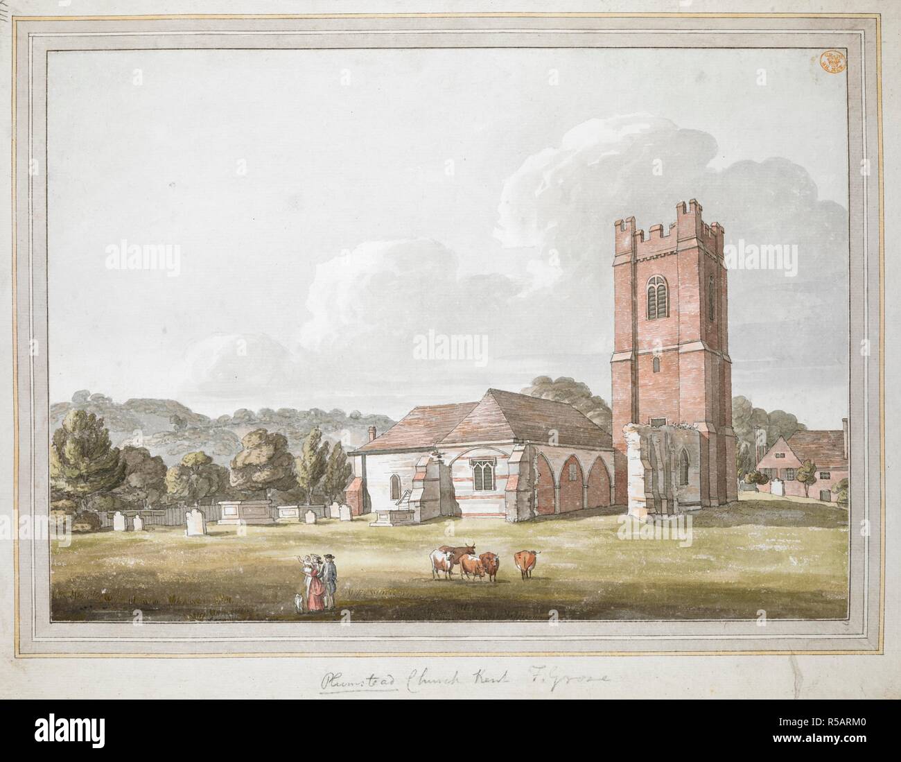 Figures and cattle in the foreground; the graveyard and church of St ...
