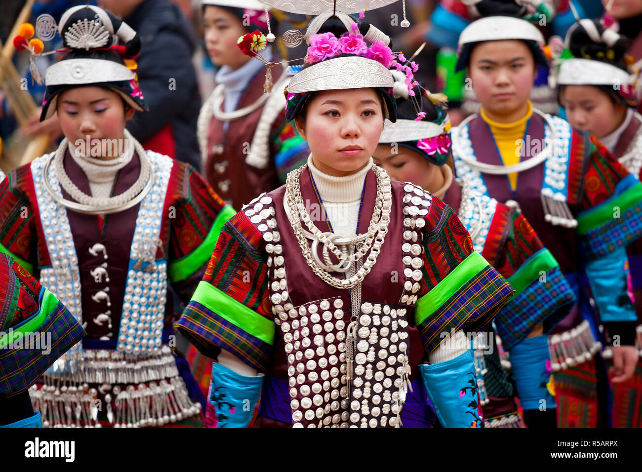 Miao girls dancing at festival nr Kaili, Guizhou Province, China Stock ...