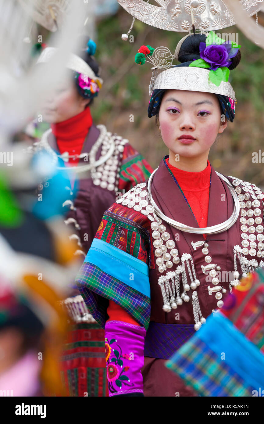 Miao girls dancing at festival nr Kaili, Guizhou Province, China Stock ...
