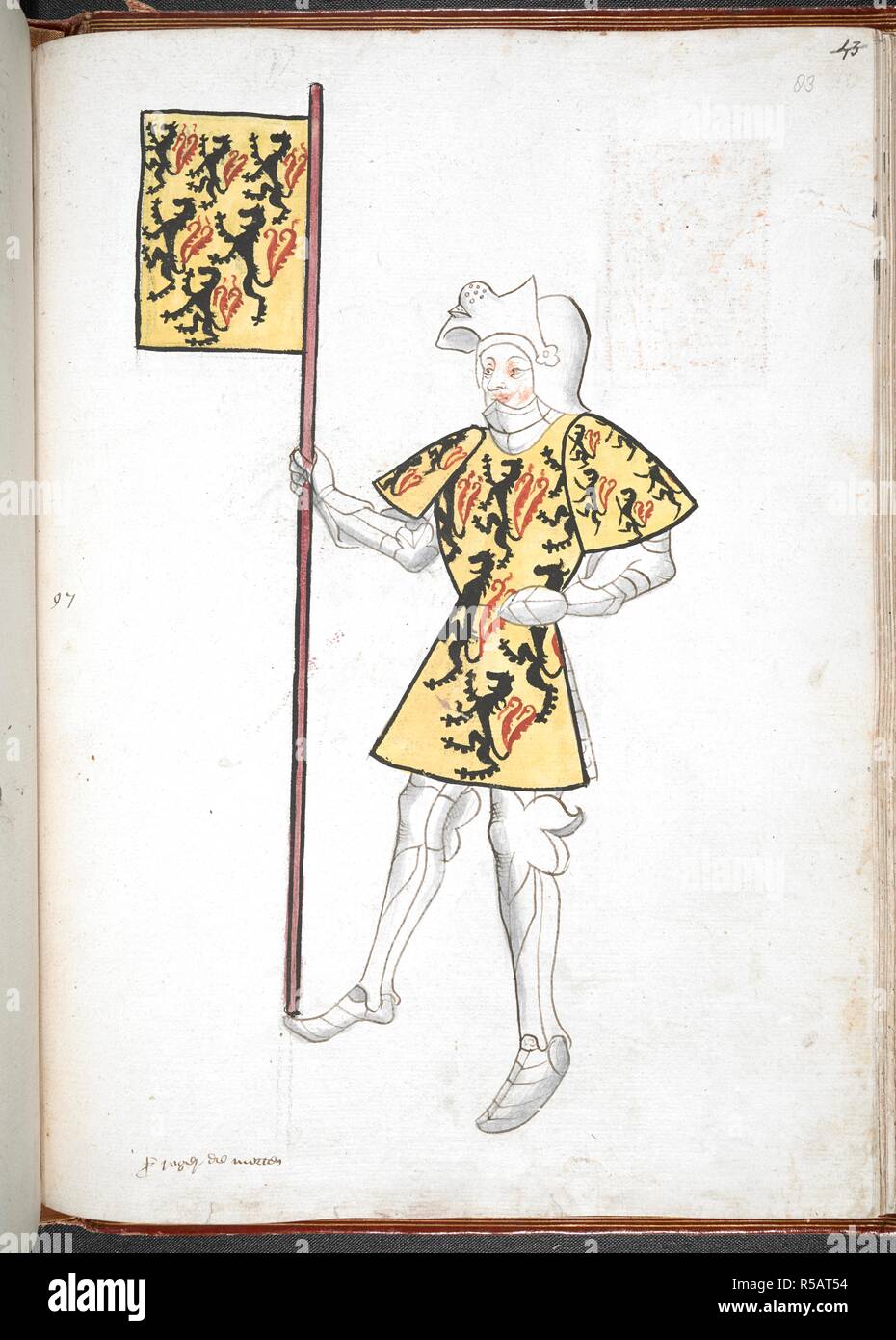 Knight, in armour and tabard, holding a sword and a standard with ...