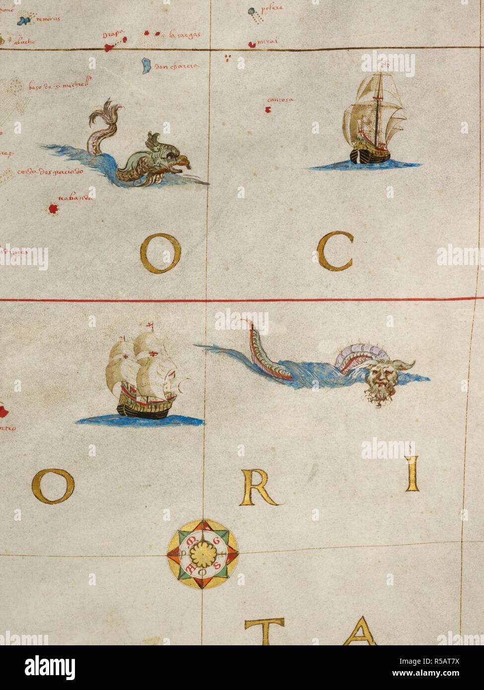 A detail of a bird-headed sea monster and a human sea serpent . MAP of ...