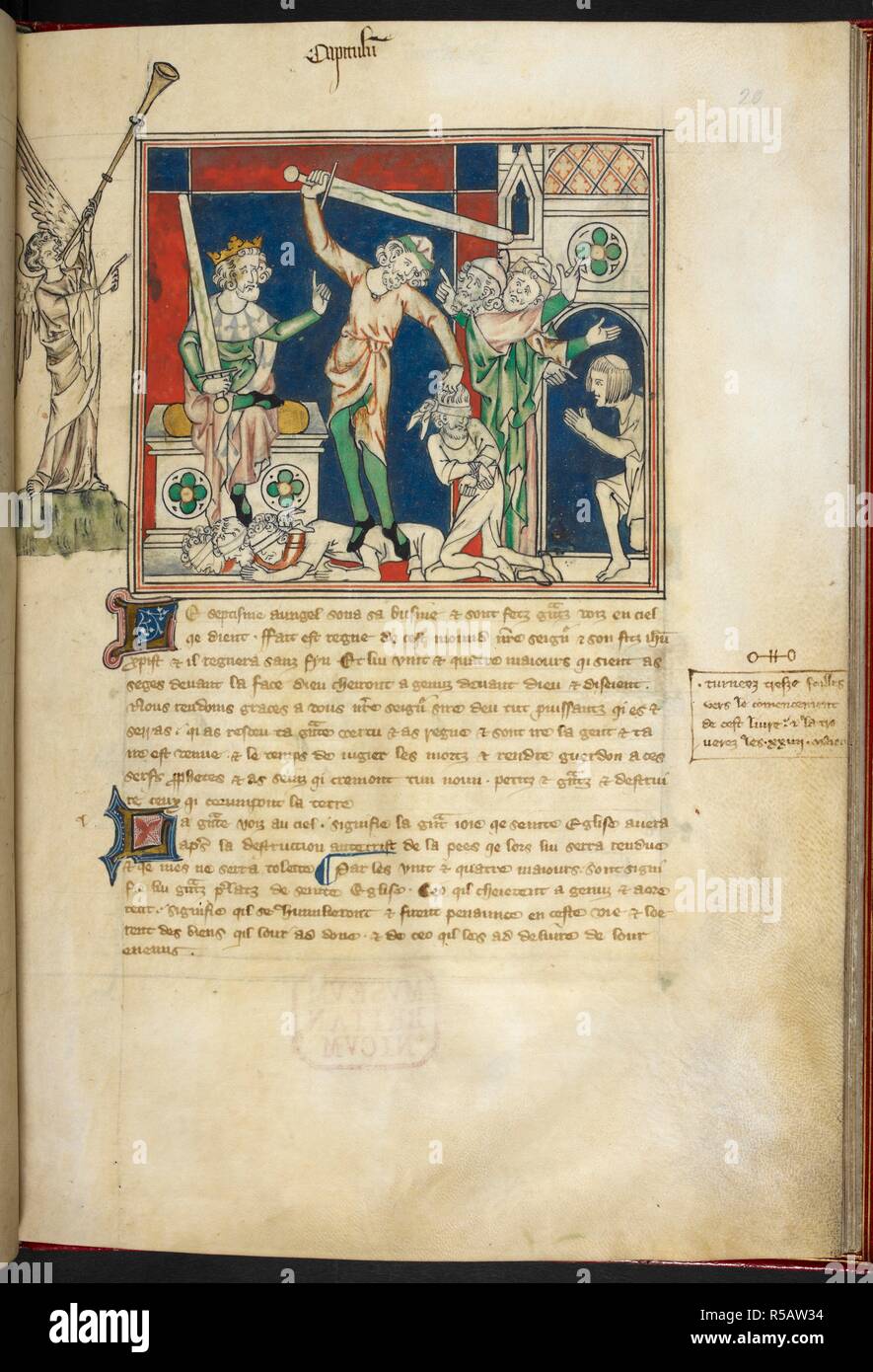 In the left margin, the seventh angel with trumpet; the king, seated ...