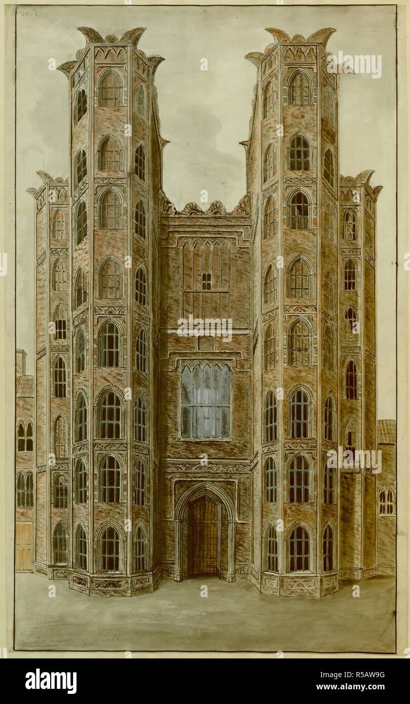A drawing depicting the Tudor entrance tower or gateway at Layer-Marney ...