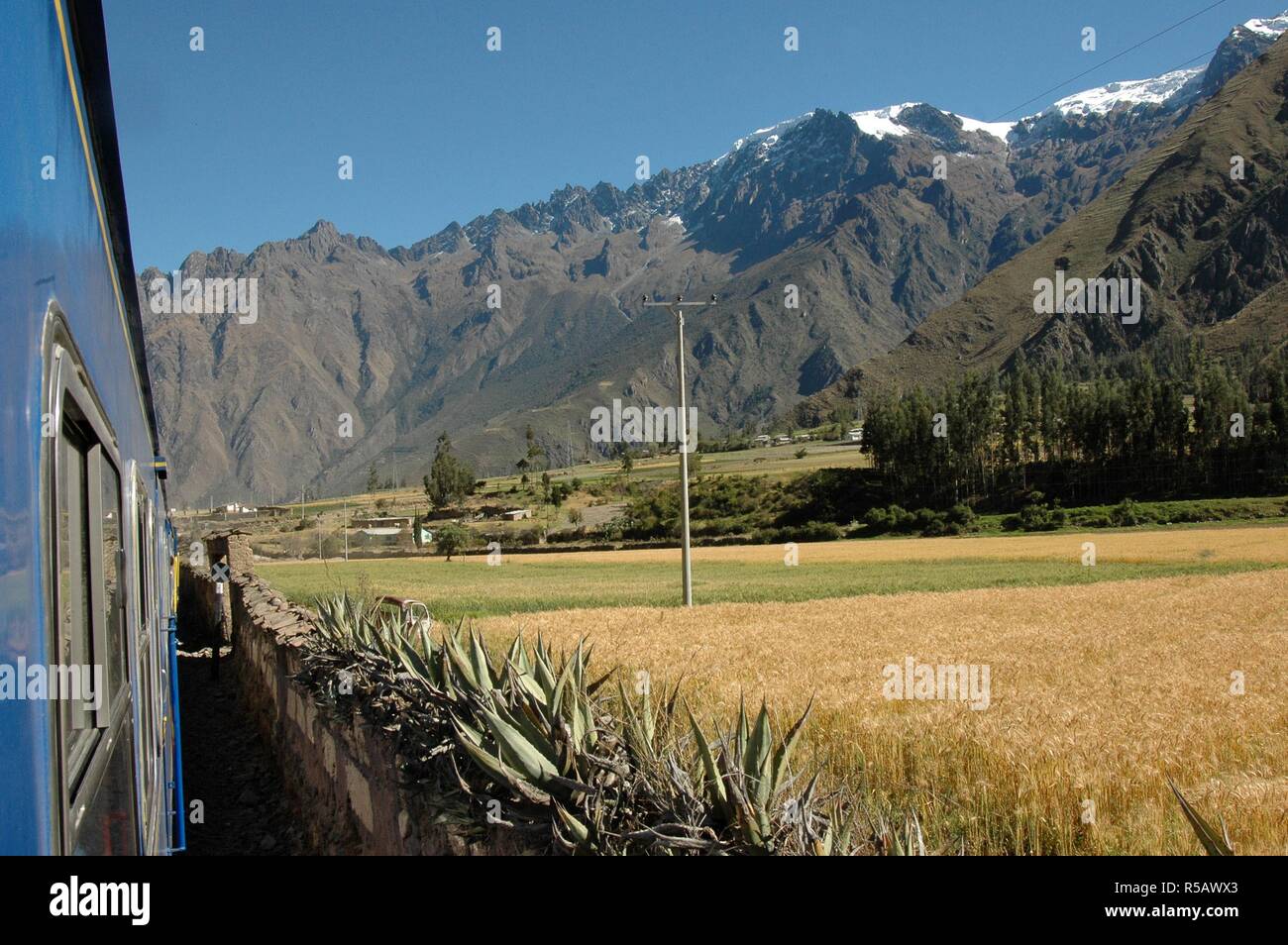 Railway to Machu Picchu through mountains, panoramic view by the train ...