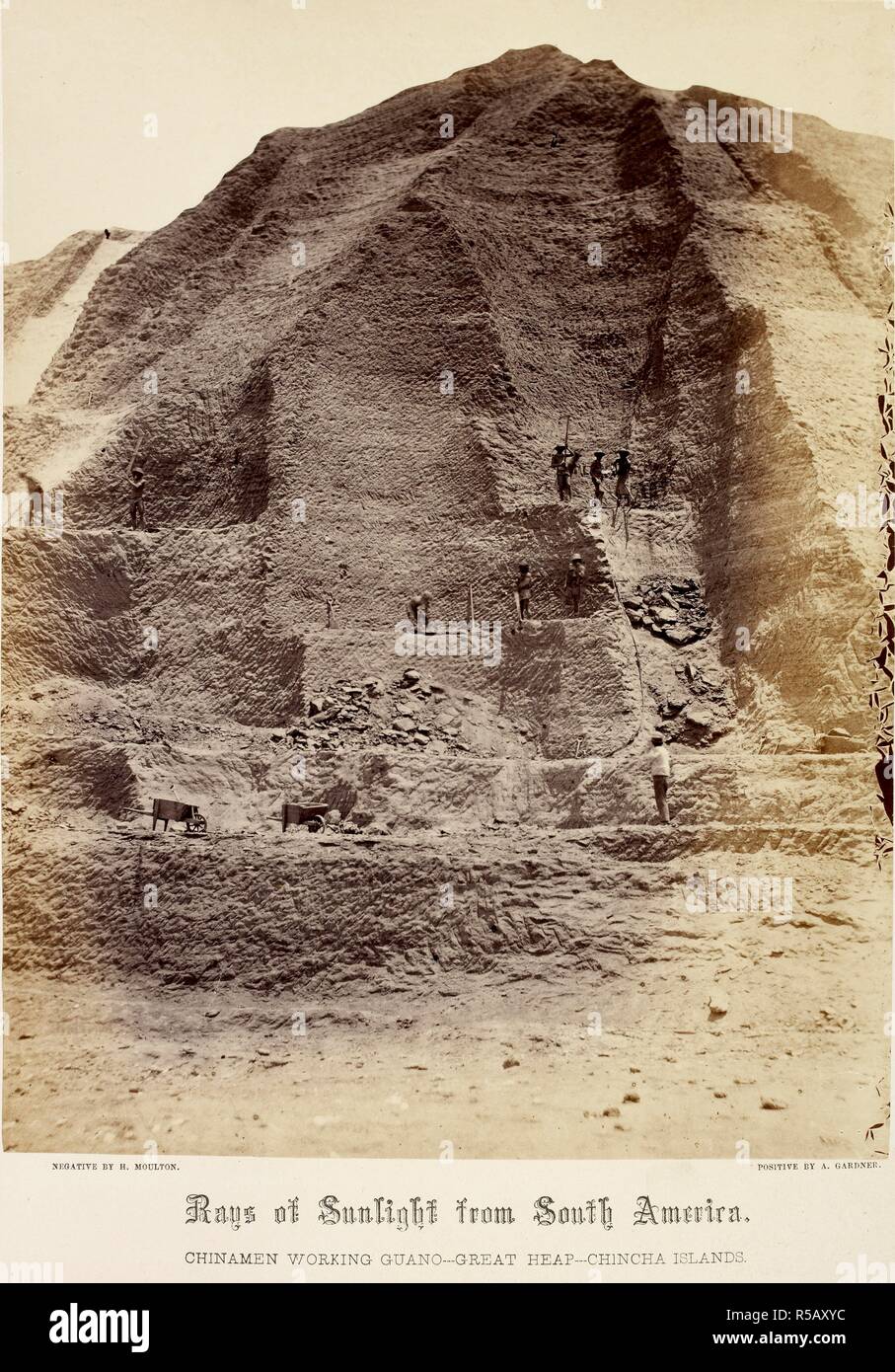 Strata of guano, Chincha Islands, Peru, c. 1864. Rays of sunlight from ...