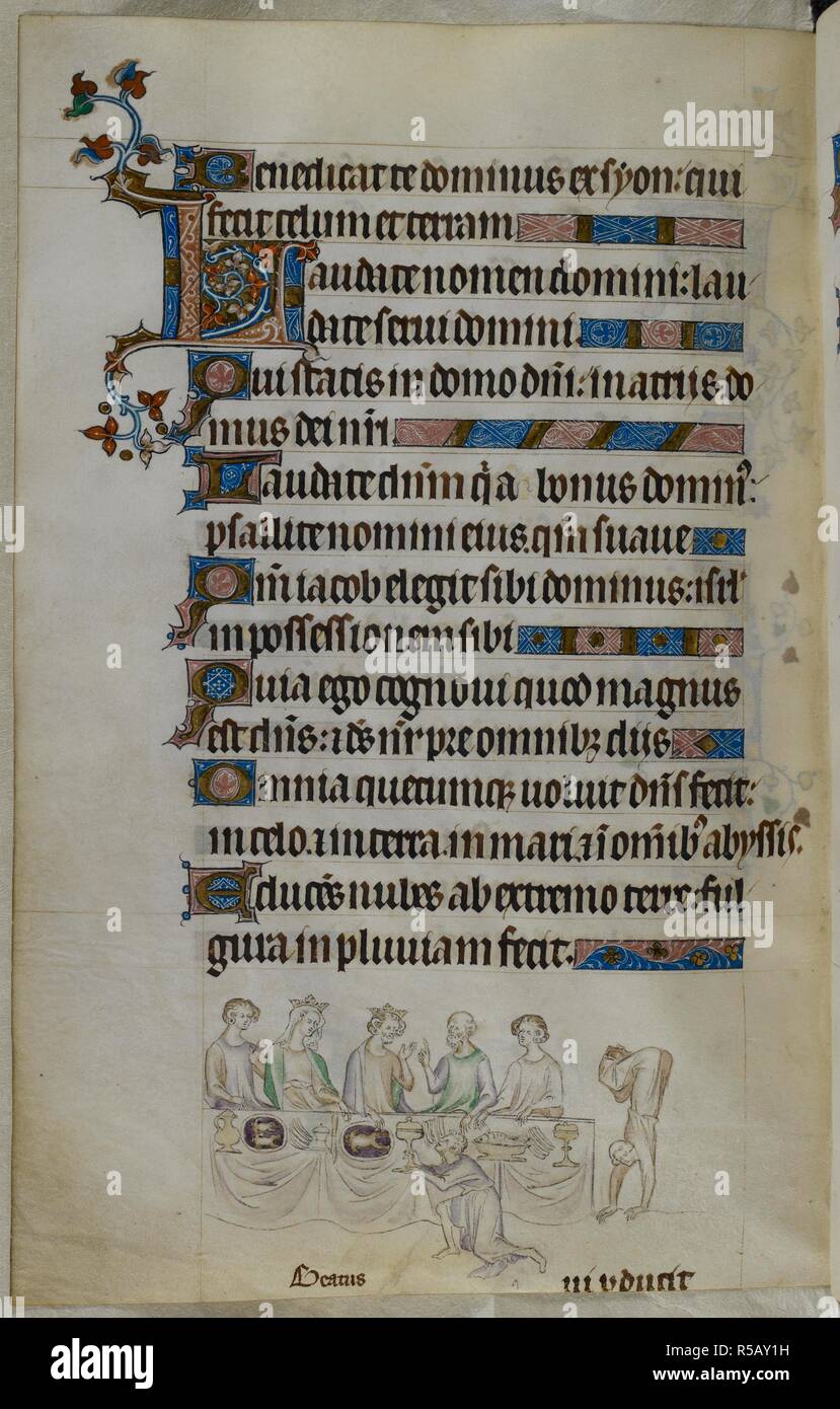 Bas-de-page scene of Herod and his queen sitting at a table and Salome ...