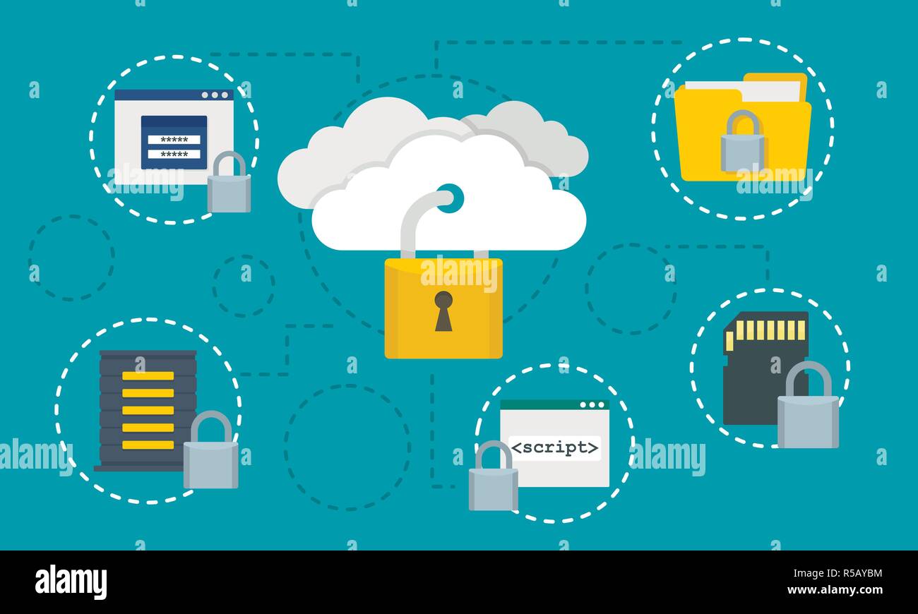 Protected Data Cloud Concept Background Flat Illustration Of Protected