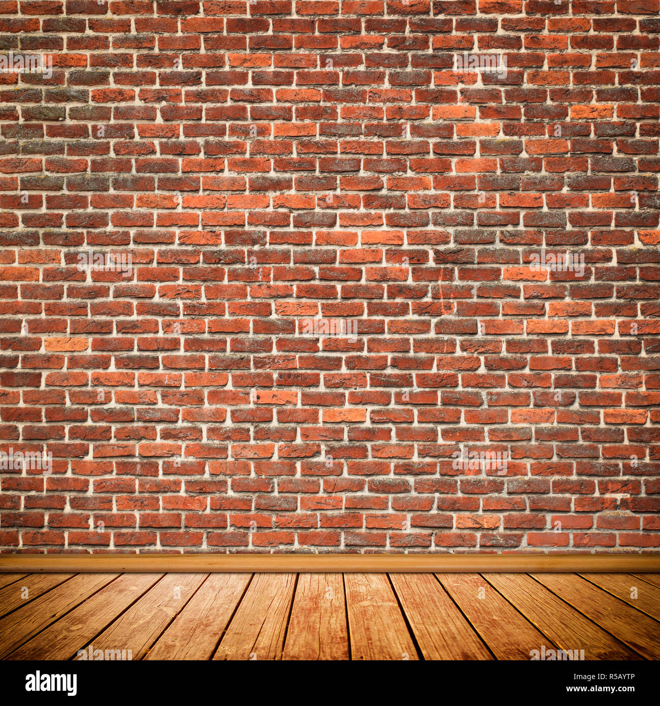 Old brick wall with wooden floor with wooden plinth for background ...