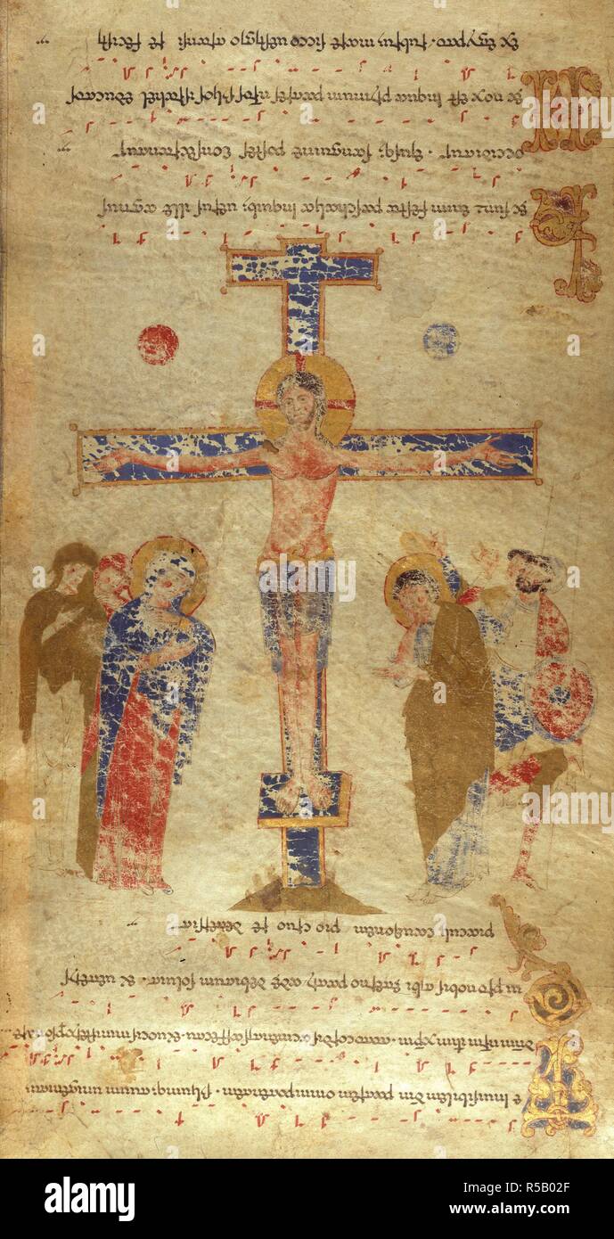 [8th drawing on roll] The Crucifixion, with part of the Exultet chant ...