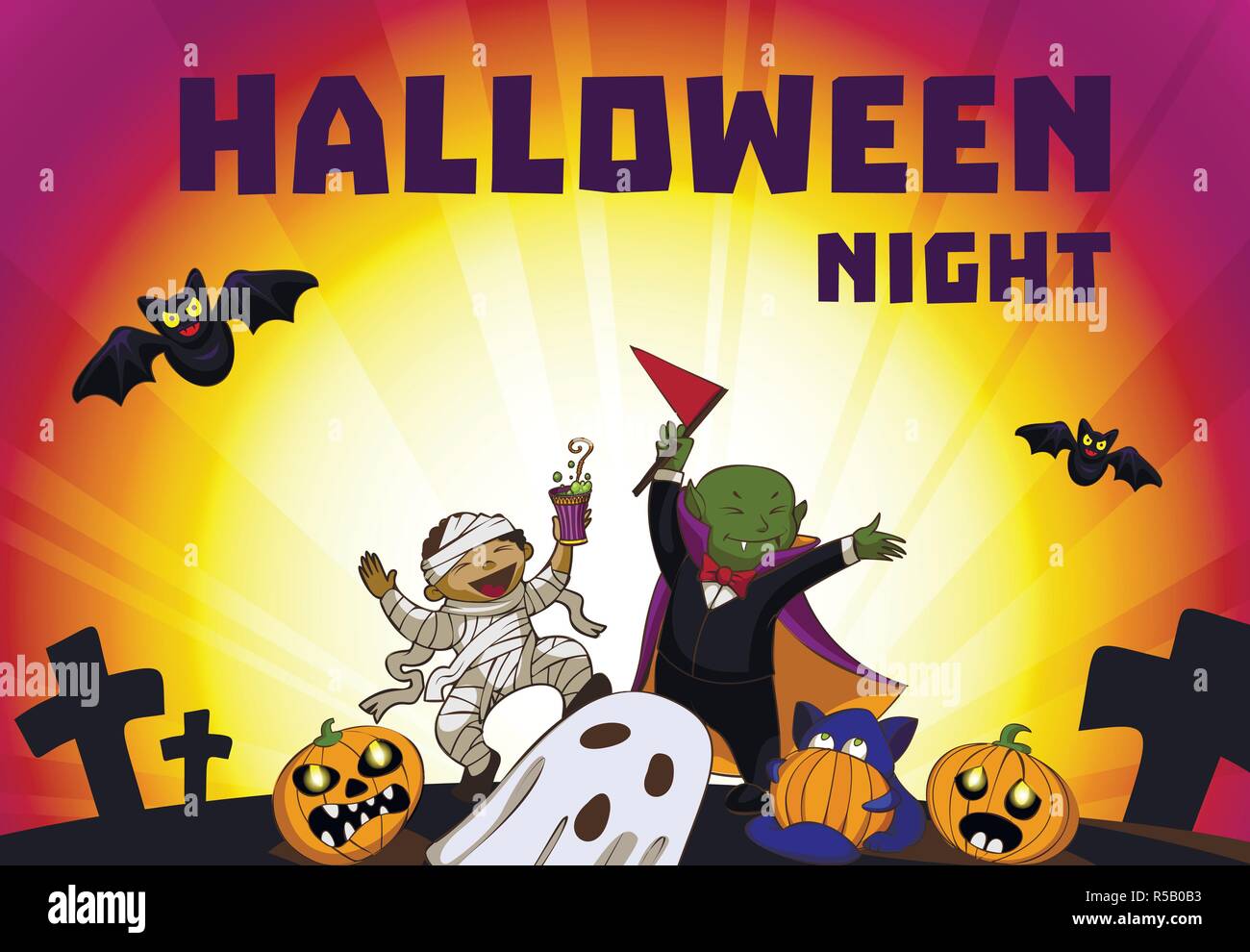 Halloween night concept background. Cartoon illustration of halloween ...