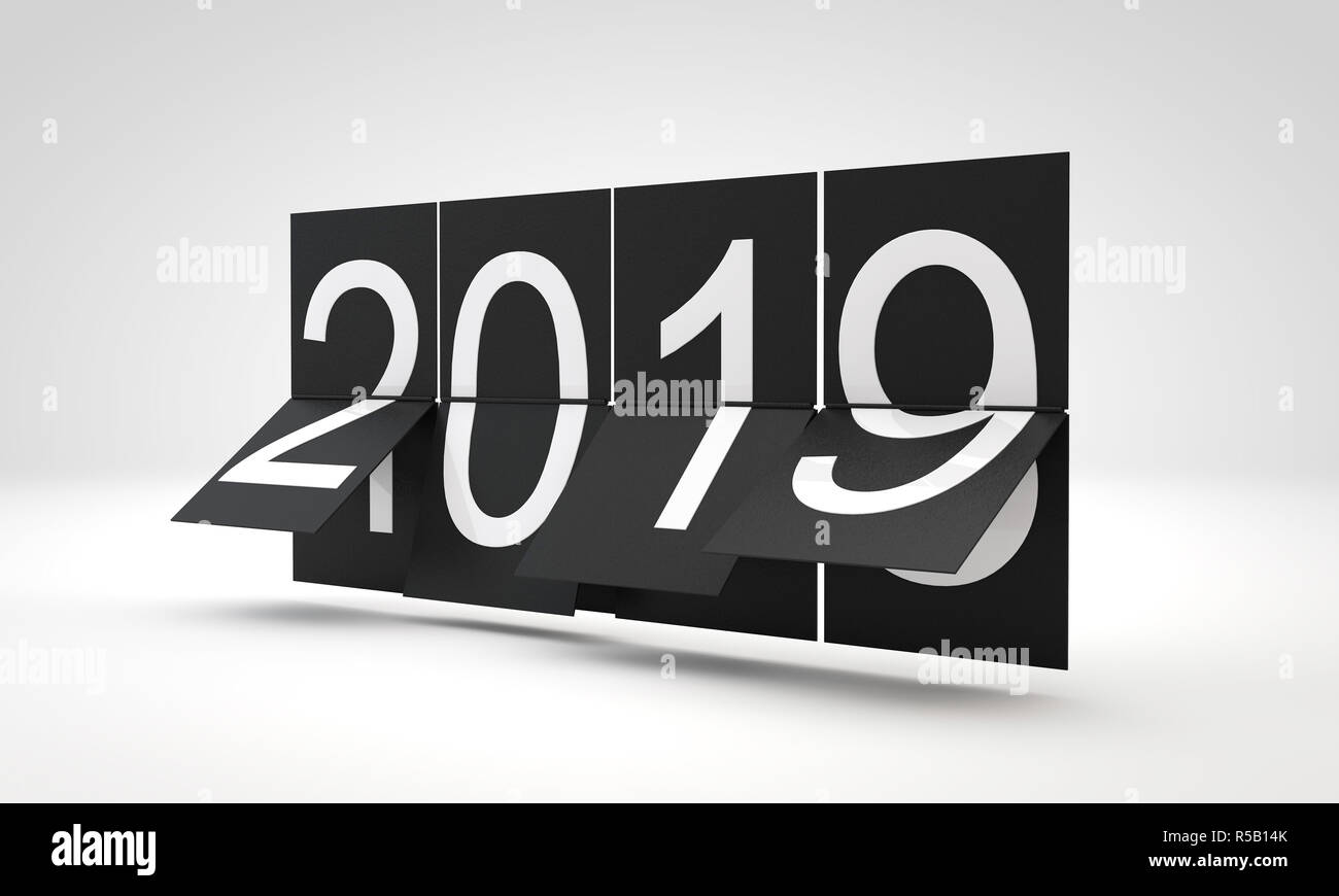New Year 2019 clock countdown Changing year date. 3D Rendering Stock ...