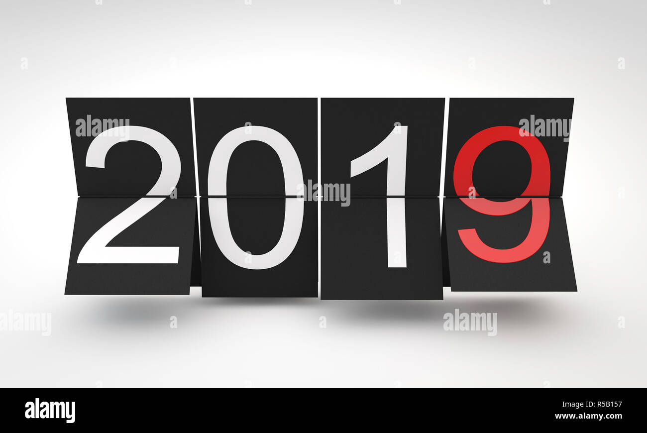 New Year 2019 clock countdown Changing year date. 3D Rendering Stock ...
