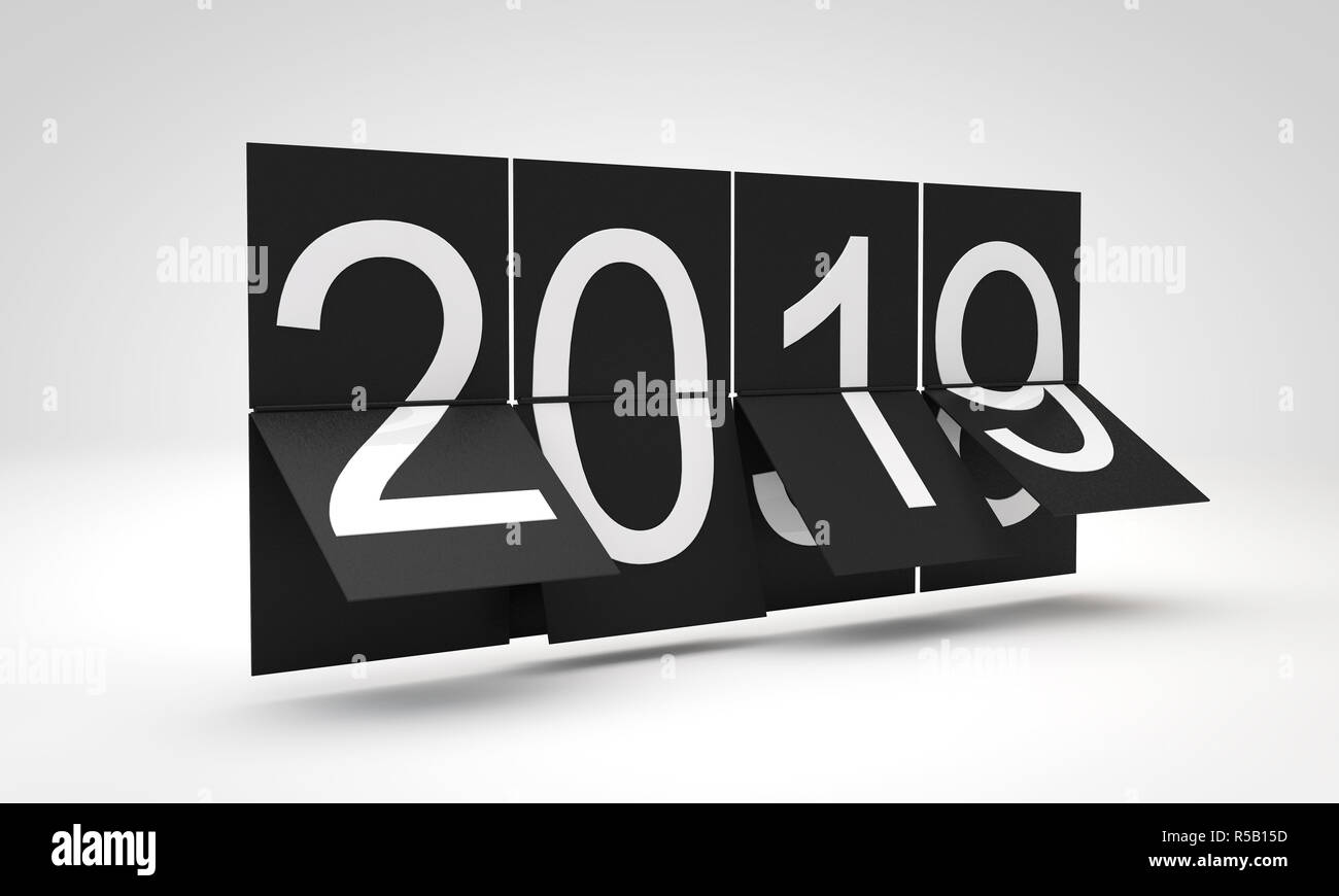 New Year 2019 clock countdown Changing year date. 3D Rendering Stock ...