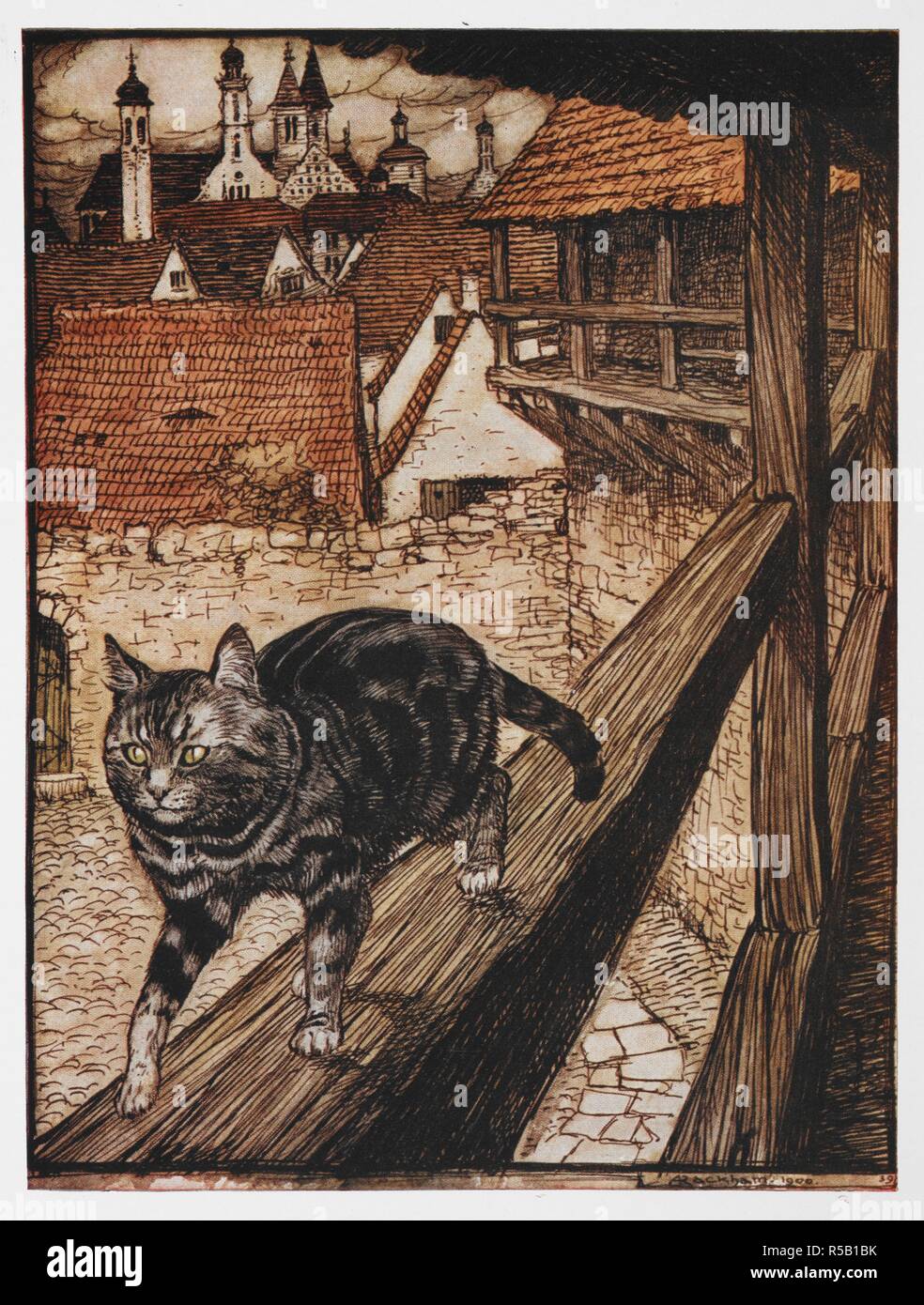 Illustration of a cat walking along a fence from The Cat and the Mouse ...