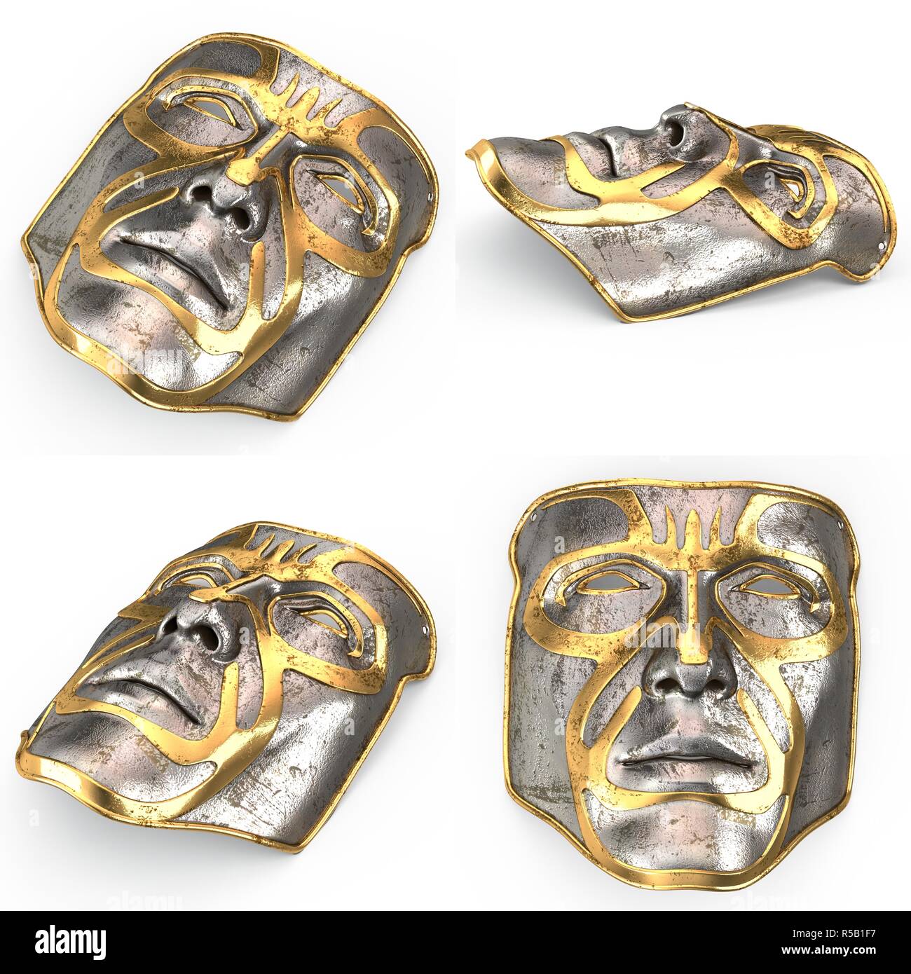 Iron mask on face, with gold inserts on isolated white background. 3d ...