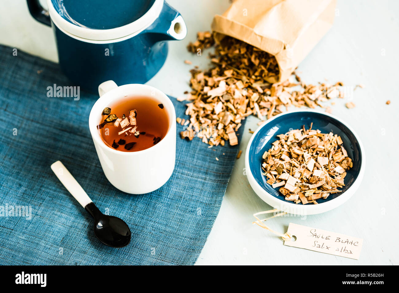 Willow bark (Salix alba), preparations of this bark are used as a ...