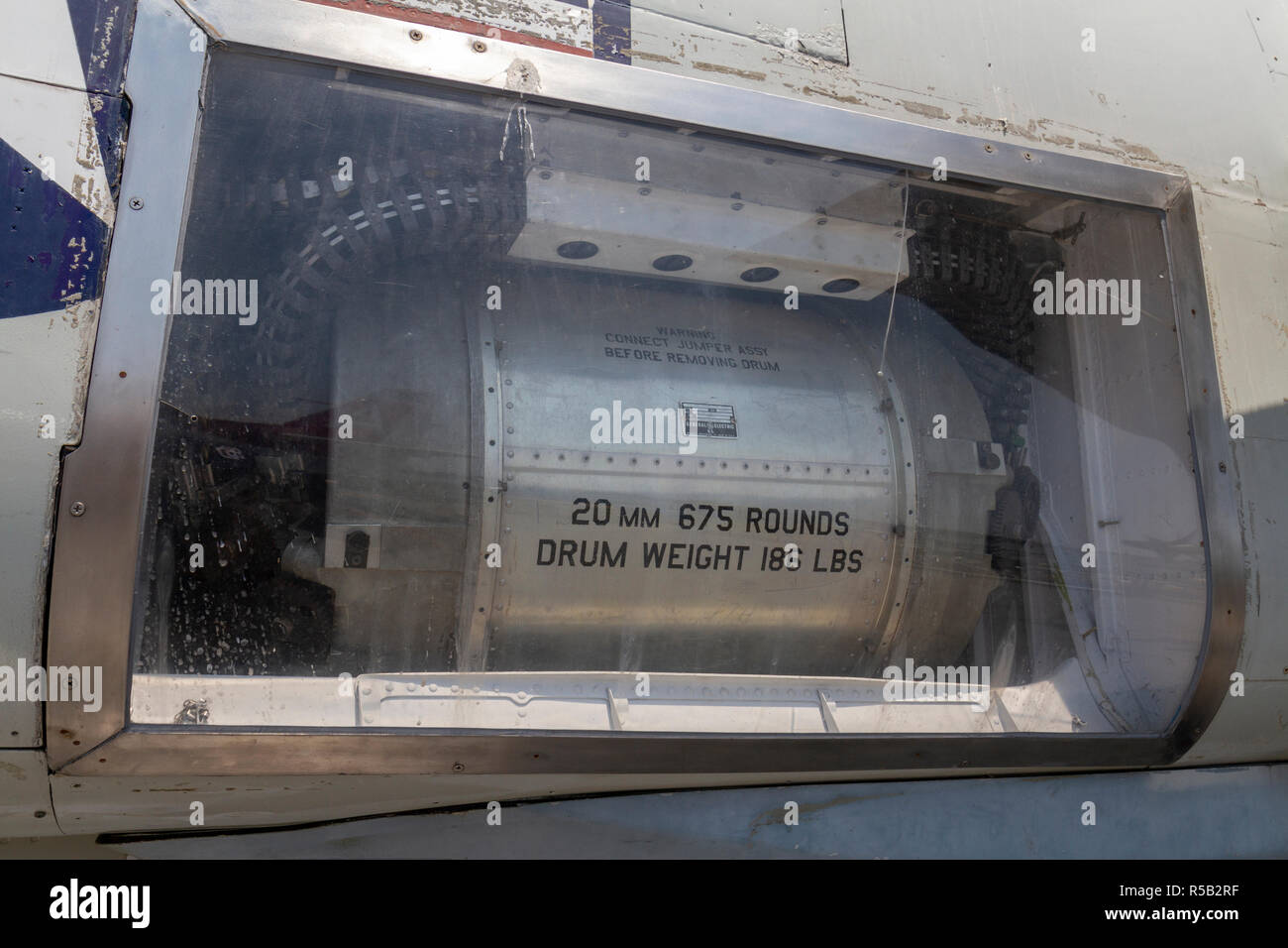 A 675 round MAG bullet drum on a F-14 Tomcat fighter aircraft, USS ...
