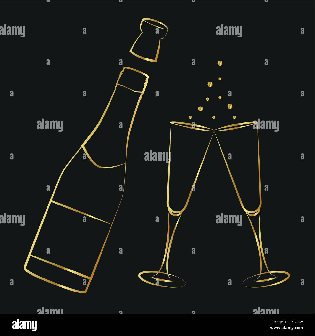 golden champagne bottle and glasses outline drawing vector illustration ...