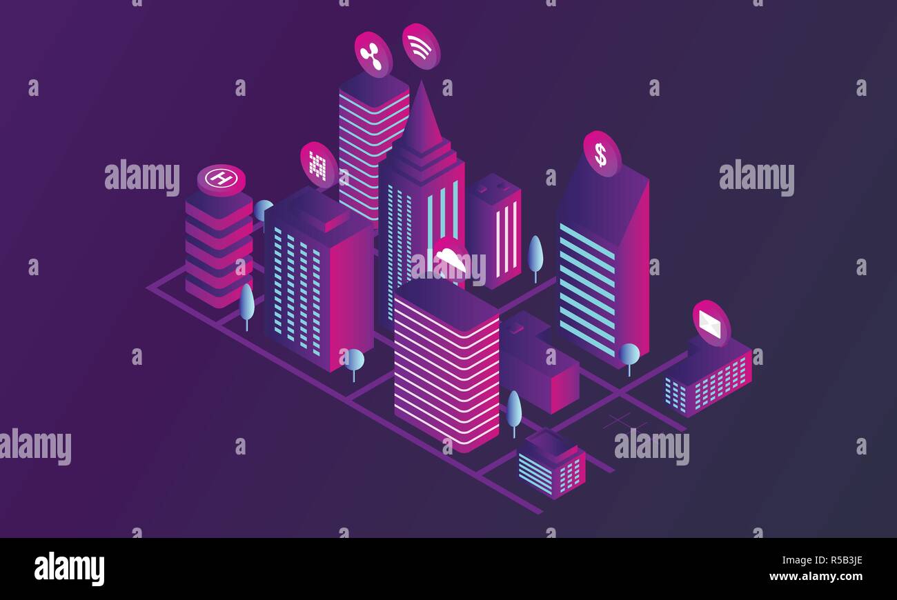 Futuristic city concept banner. Isometric illustration of futuristic ...
