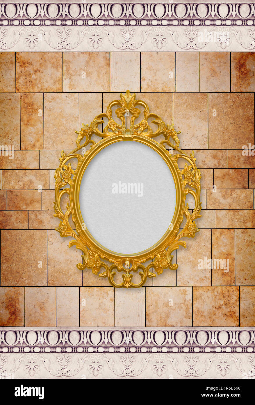 New modern stone wall with wooden golden baroque frame - concept image ...