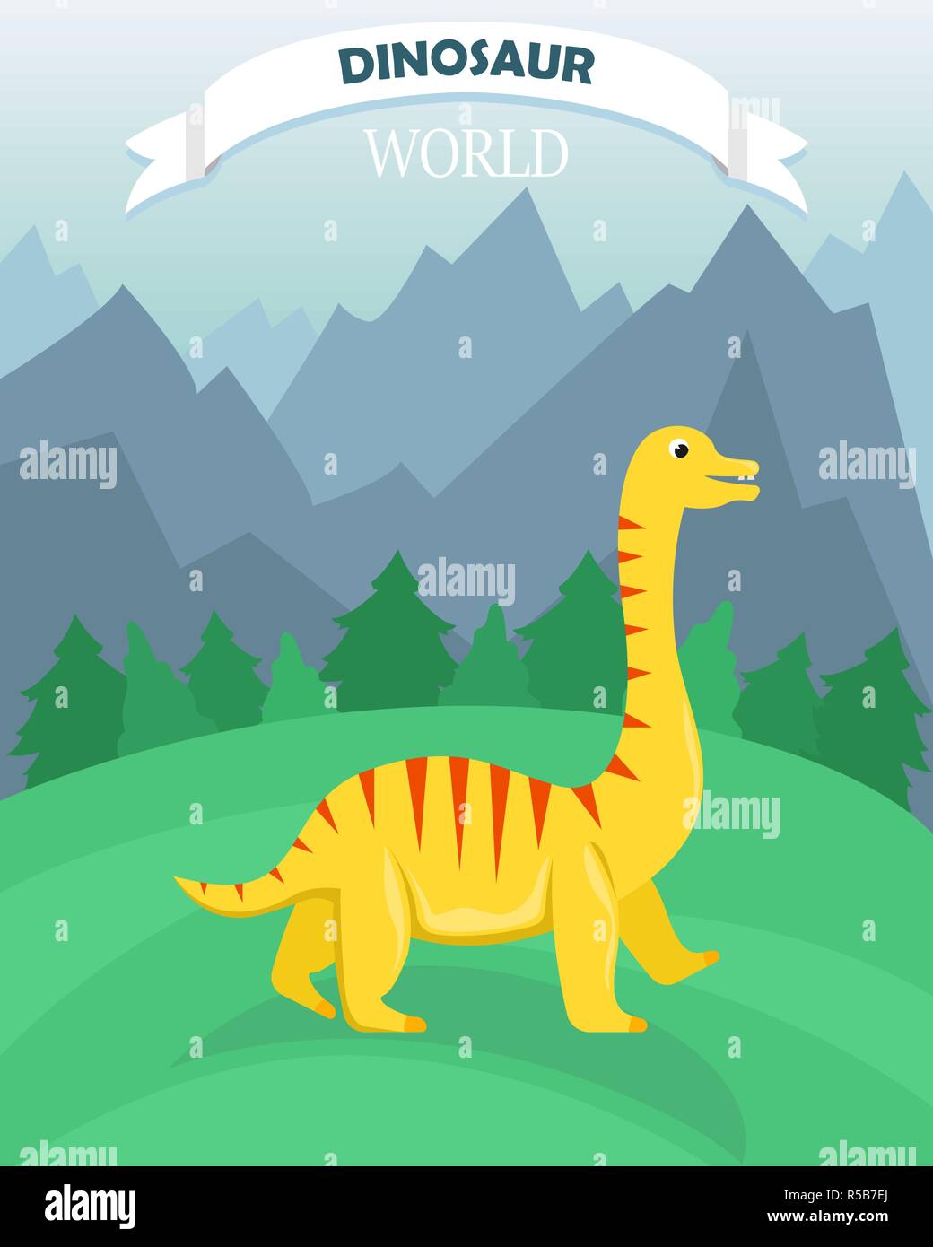 Poster with dinosaur on the background of a mountain landscape ...