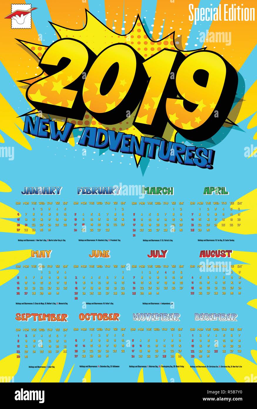 2019 retro style comic book calendar template with all twelve month ...