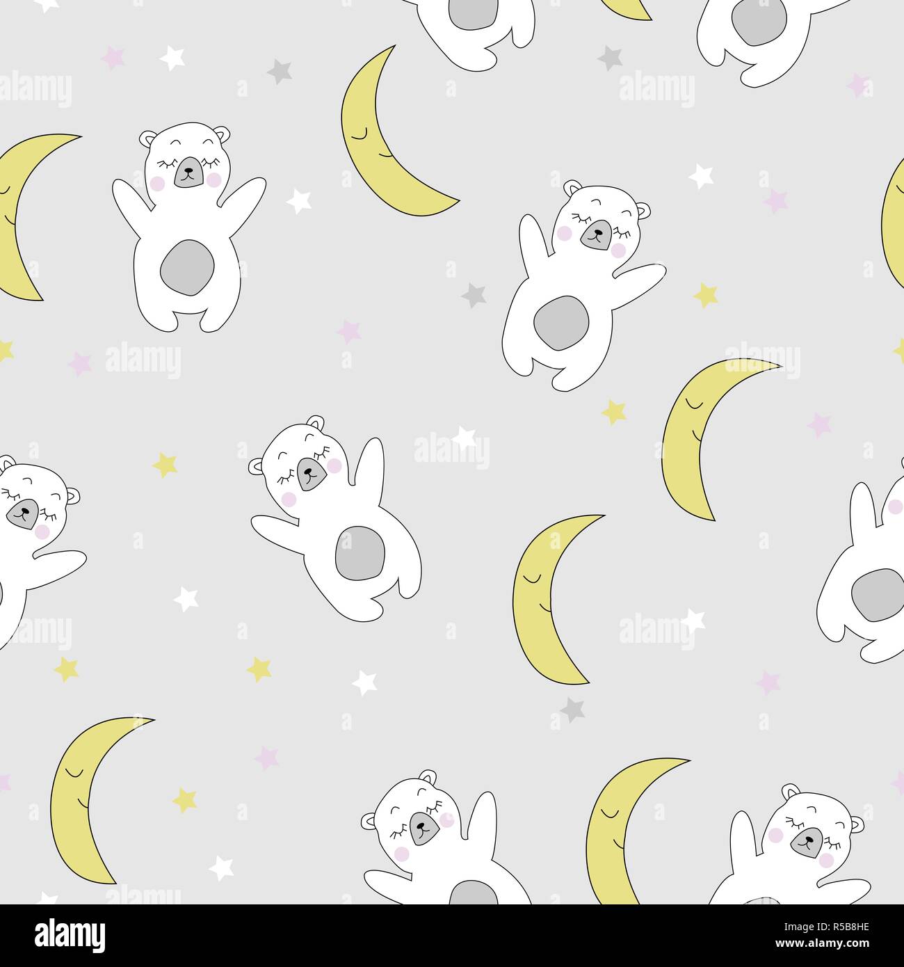 Cute sleeping bears with moon seamless pattern on the gray background ...