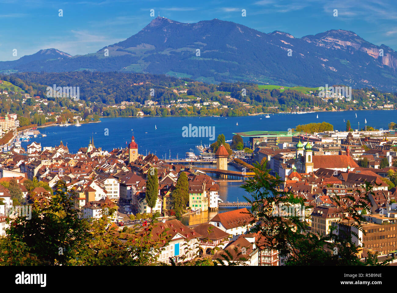 City and lake of Luzern panoramic aerial view, Alps and lakes in ...