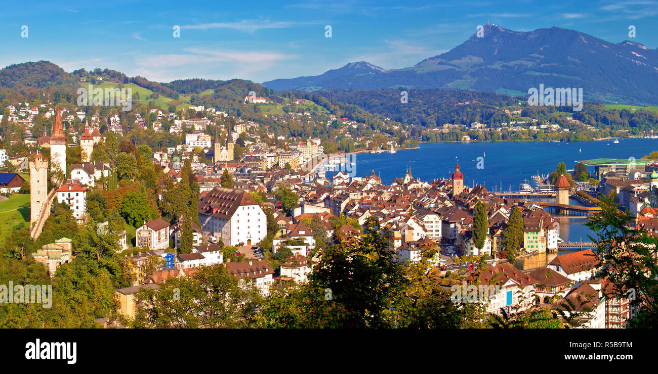 City and lake of Luzern panoramic aerial view, Alps and lakes in ...