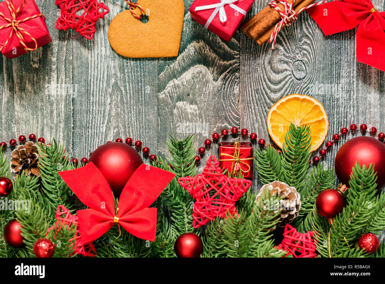 Christmas flat lay backfround with wooden copyspace Stock Photo - Alamy