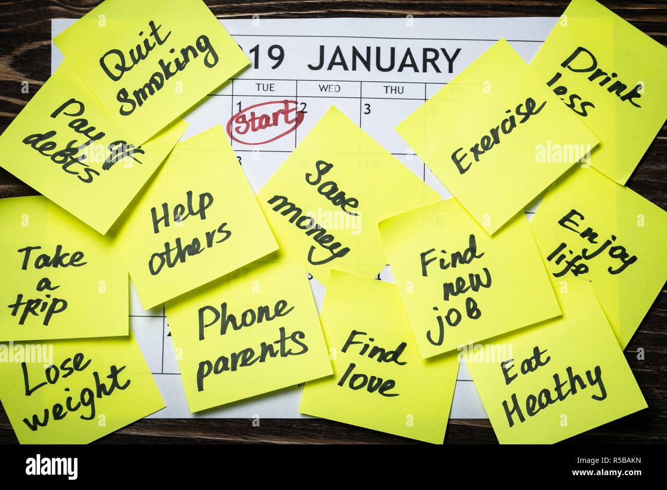 New year resolutions concept - resolutions on post-it notes with ...