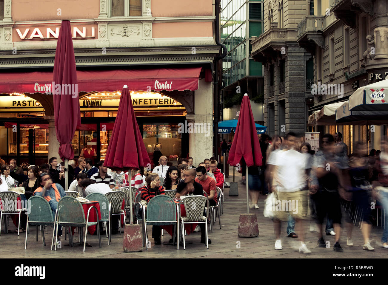 Switzerland, Ticino, Lake Lugano, Lugano, Piazza della Riforma, cafe ...