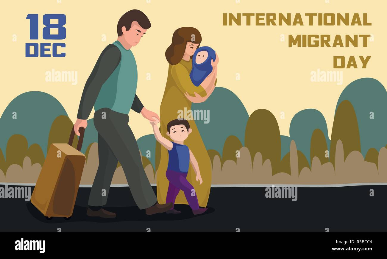 International migrant day concept banner. Cartoon illustration of international migrant day ...