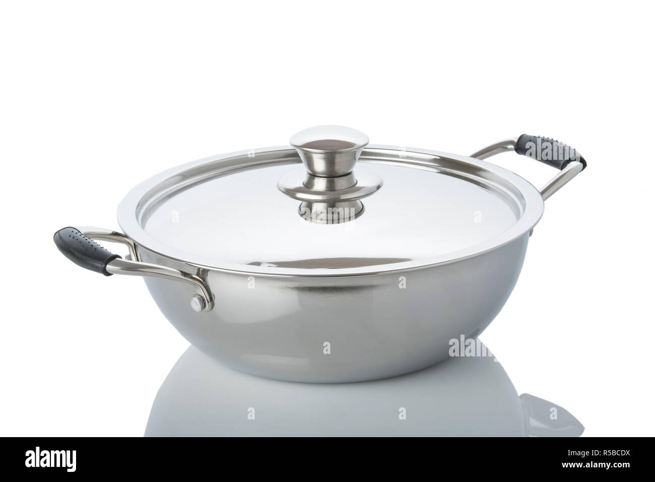 Kitchen: Close up of Stainless Steel Pan with Lid Isolated on White ...