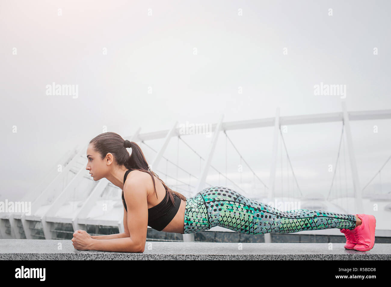 Attractive and well-built young woman stands in plank position. She ...