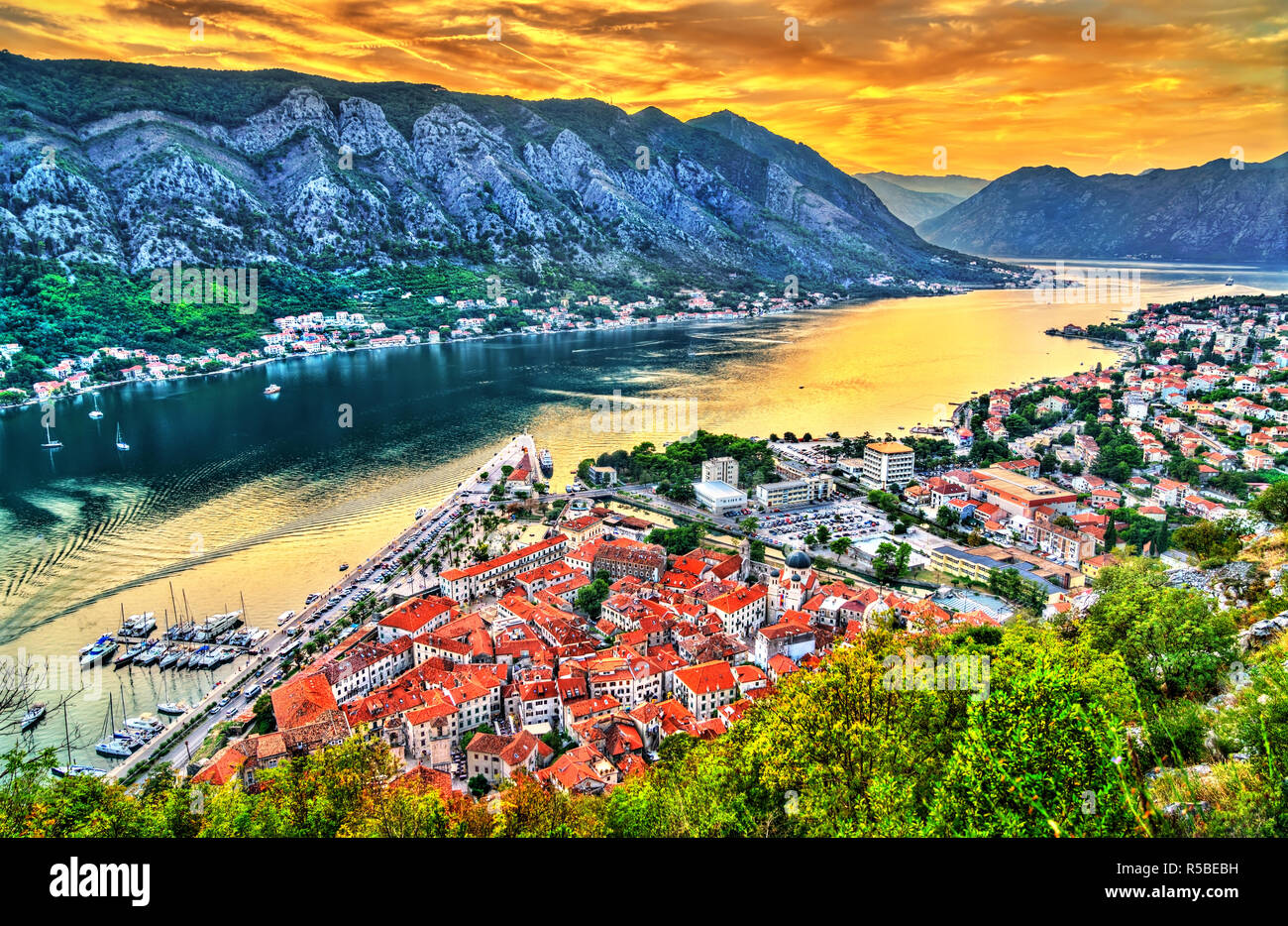 Sunset above the town and the Bay of Kotor in Montenegro Stock Photo ...