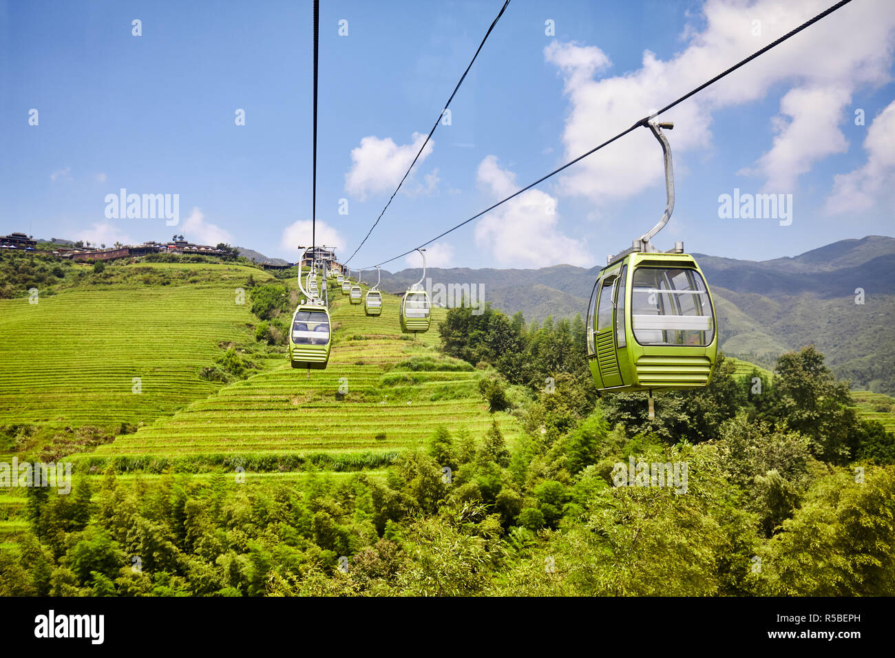 Cable car above the Longji Rice Terraces (Dragon's Backbone), one of ...