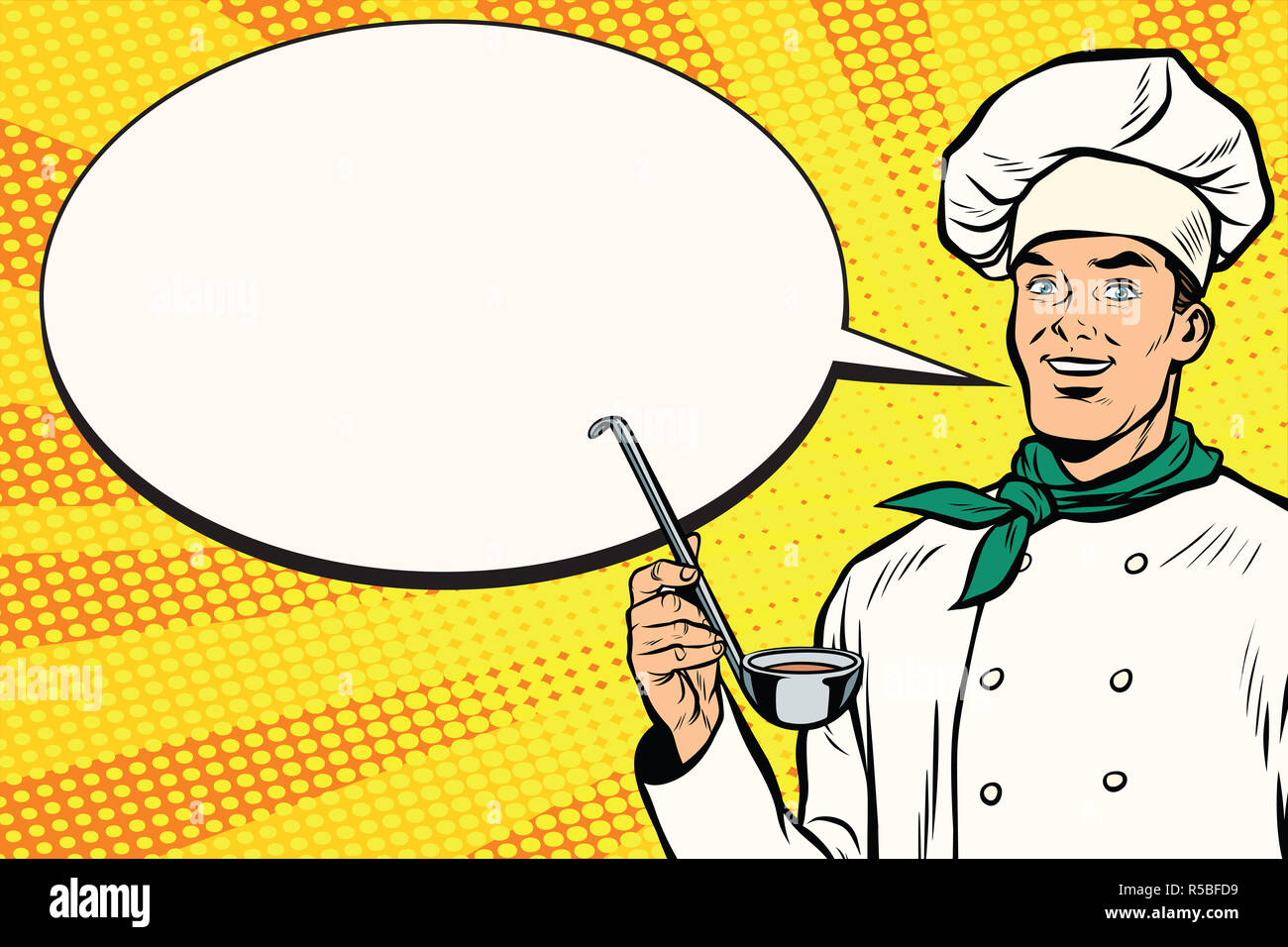 Caucasian chef with ladle for cooking, comic bubble Stock Photo - Alamy