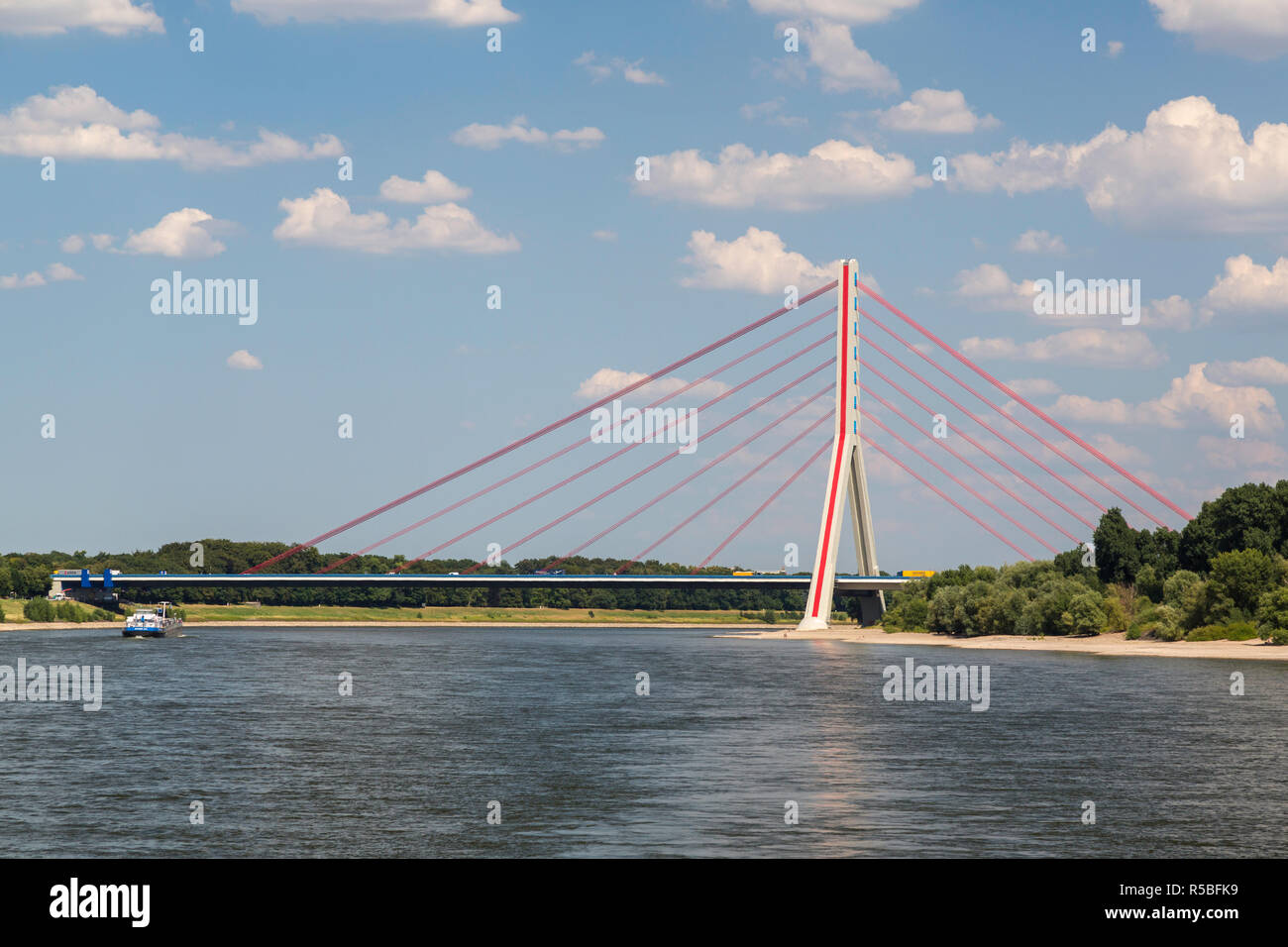 Rhine River, Dusseldorf, Germany. Flehe Bridge, Carrying Motorway A46 ...