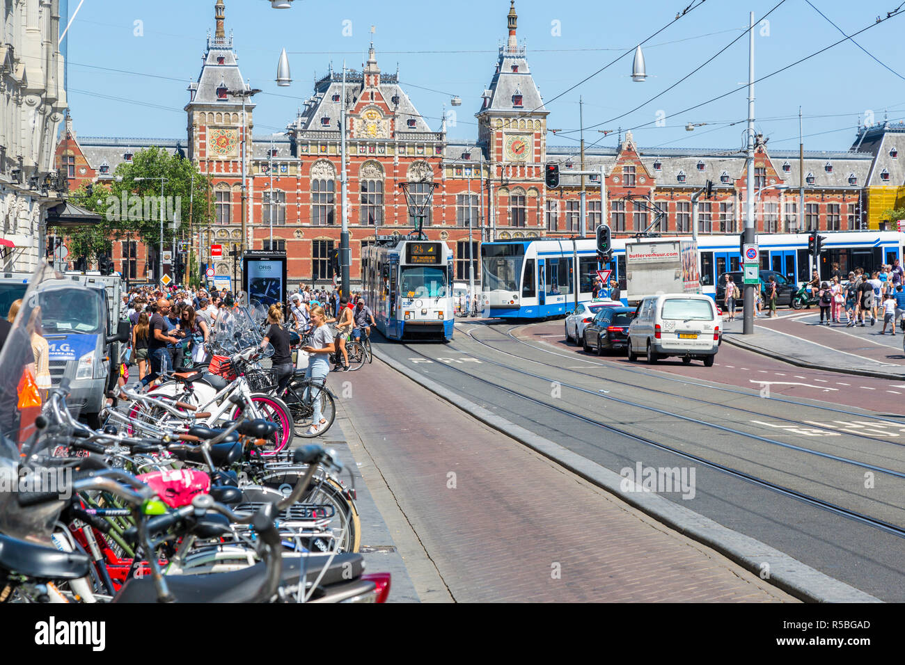 Amsterdam, The Netherlands. Railway Station and Damrak Street Scene ...