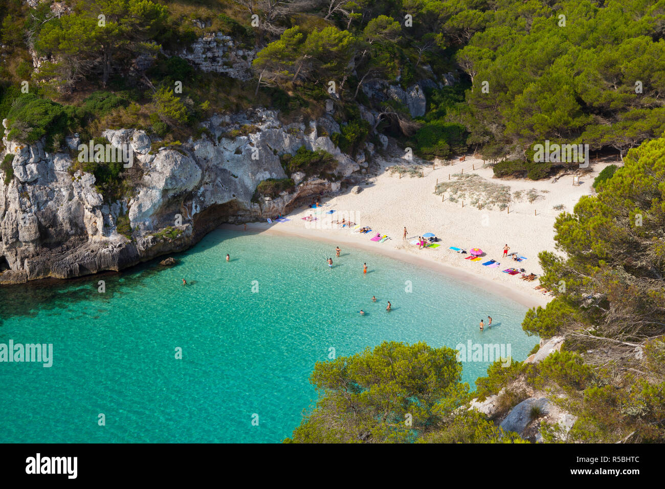 Elevated view over the beach of Cala Macarelleta, Menorca, Balearic ...