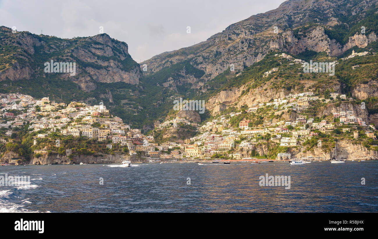 panoramic view of positano town in afternoon sun Stock Photo - Alamy