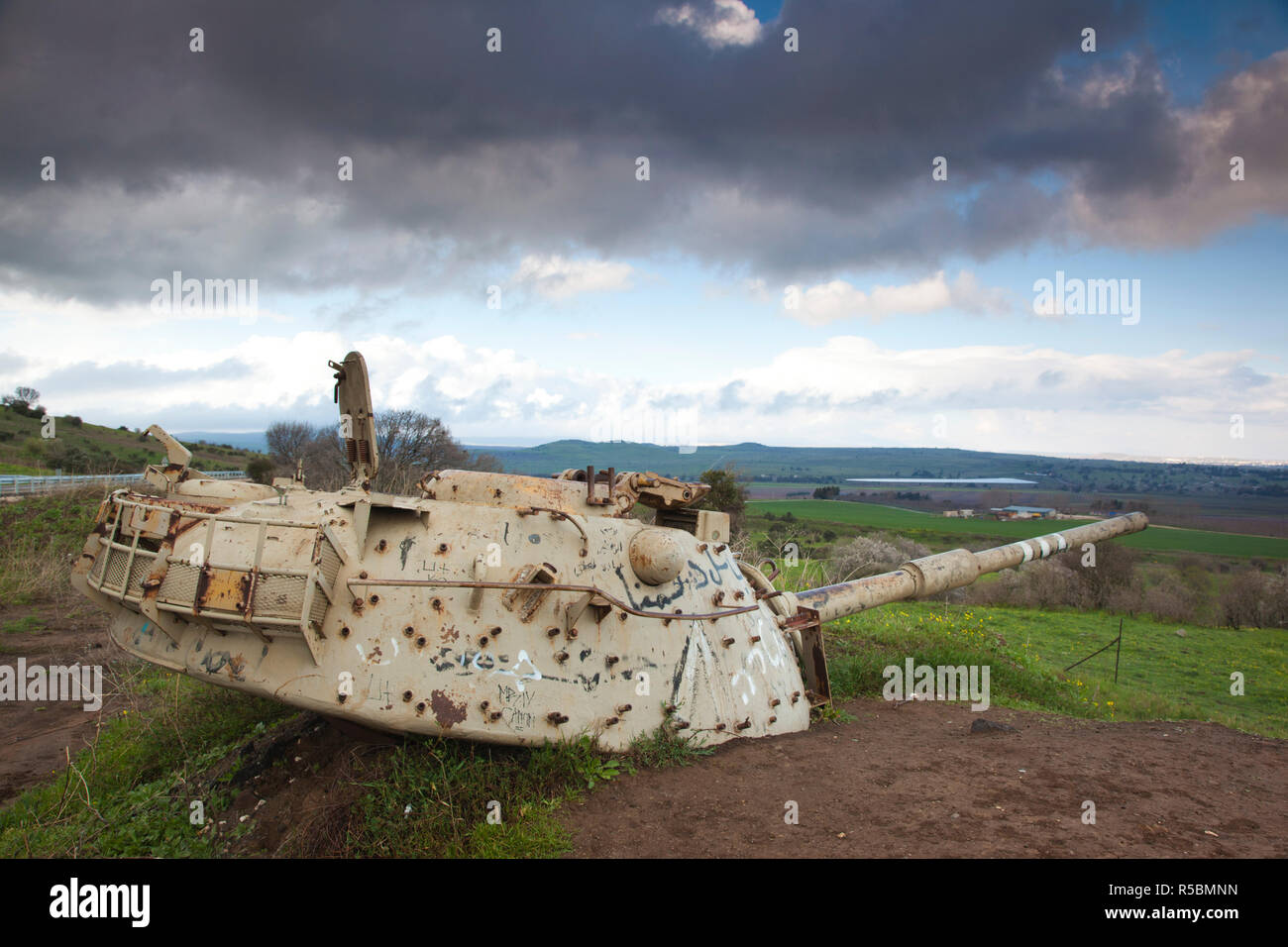 Israel, Golan Heights, Mitzpe Quneitra, turret of Israeli tank points ...