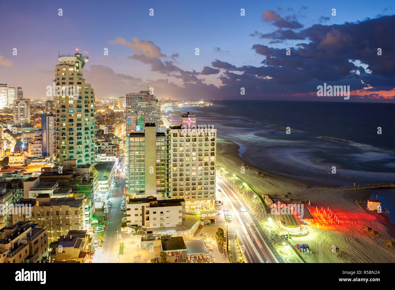Israel, Tel Aviv, elevated dusk view of the downtown Tel Aviv ...