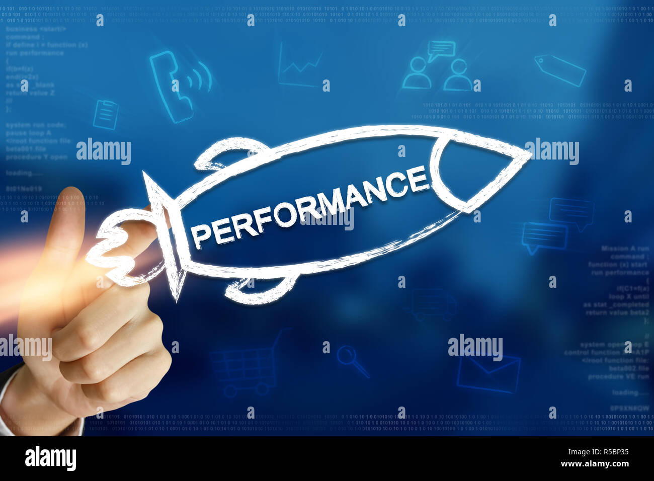 business hand clicking performance rocket Stock Photo - Alamy